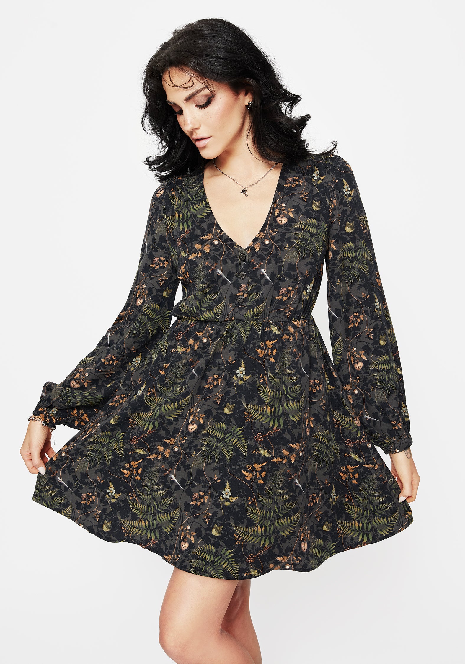 Wither Fern Print Balloon Sleeve Mini Dress – Disturbia